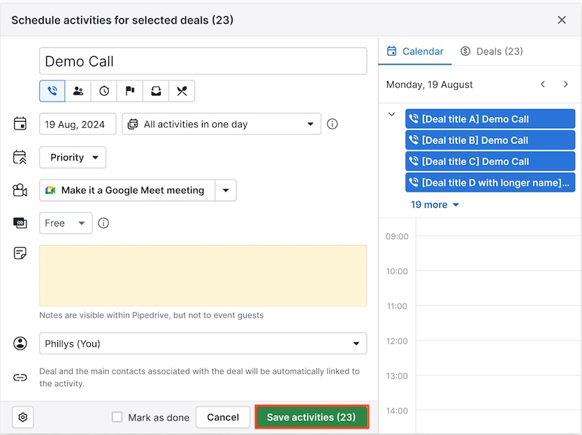 Add activities in bulk to deals - Knowledge Base | Pipedrive